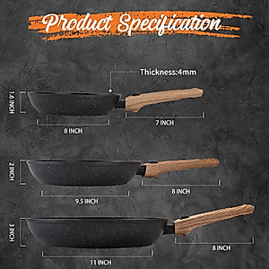 DRICKATE Frying Pan Set Nonstick Skillet Set for Induction Cooktop with Detachable Handle Marble Coating, Frying Pan Nonstick 8 Inch+9.5 Inch +11 Inch (3PCS)