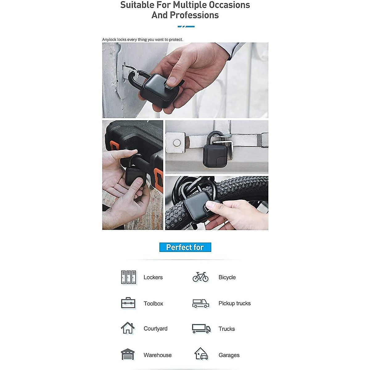 Bicycle Locks Heavy Duty Anti Theft Bike Lock Fingerprint Padlock Keyless Smart Lock - Thumbprint Biometric Padlock Ip66 Waterproof Portable Security Locker for Door,Bicycle,Scooter,Tool