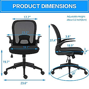 URRED Ergonomic Office Chair Mesh with Foldable Backrest, Mesh Home Office Computer Task Desk Chairs with Adjustable Arms and 360 Degree Universal Wheels (Black)