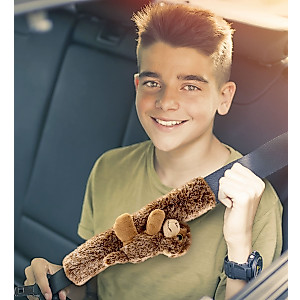 DolliBu Brown Monkey Plush Car Seatbelt Cover - Soft Fluffy Cushion Support for Safety Seat Belt Strap Cover, Decorative Wild Life Stuffed Animal Padded Toy Cute Vehicle Accessory for Kids & Adults