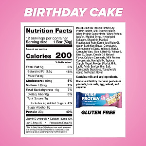 Pure Protein Bars, High Protein, Nutritious Snacks to Support Energy, Low Sugar, Gluten Free, Birthday Cake, 1.76 oz, Pack of 12 (Packaging May Vary)