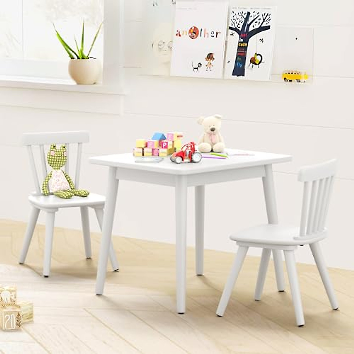 Curipeer Windsor Kids Table and 2 Chair Set, Rubberwood Toddler Table and Chair Set for Art, Play, Craft, Activity, Children Table with Non-Slip Legs/Round Edge Design, White