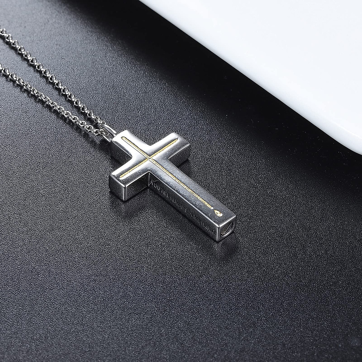 QIUQIULU 925 sterling silver cross souvenir ashes necklace urn pendant (gold)