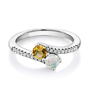 Gem Stone King 925 Sterling Silver Yellow Citrine and White Opal Bypass Ring For Women (0.75 Cttw, Gemstone November Birthstone, Round 4MM, Available In Size 5, 6, 7, 8, 9)