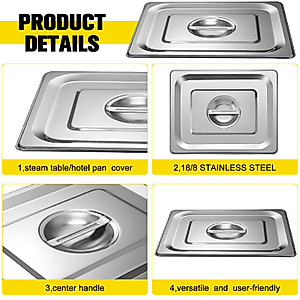 8 Pack Steam Table Pan Lids Solid Hotel Pan Covers Bulk 304 Stainless Steel Roasting Food Tray Lids with Handle for Restaurant Buffet Catering (12.8 x 10.4 Inch, 1/2 Half Size)