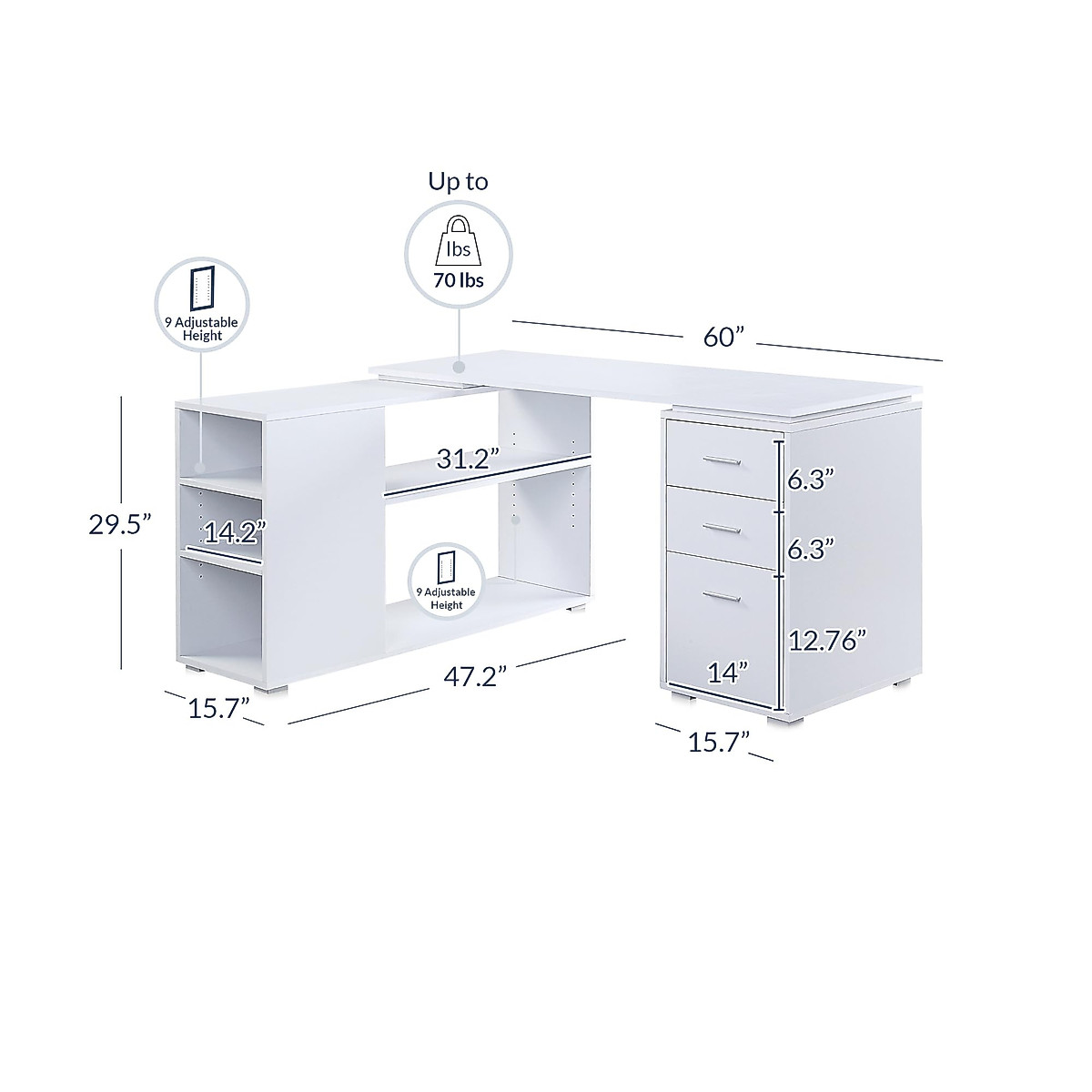 BELLEZE L Shaped Computer Desk, 60” Study Writing Table Home Office Desk Morden Corner Workstation Setup with Adjustable Storage Shelves and 3 Drawers, White