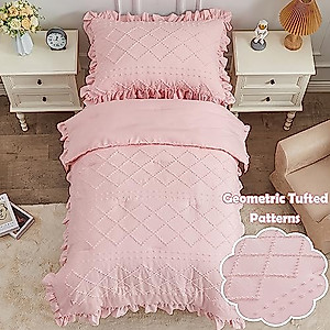 4 Piece Boho Tufted Toddler Bedding Set for Girls Pink Ruffle Bed Sheets Set Soft Jacquard Embroidery Crib Bedding Comforter Set for Baby | Include Comforter, Flat Sheet, Fitted Sheet, Pillowcase