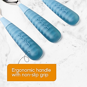 NumNum Toddler Utensils, Pre-Spoon, Fork & Spoon GOOtensils - 4th Stage Silverware for Kids Aged 2+ Years w/Stainless Steel Heads - Silicone Food Feeding Supplies - Set of 4, Pacific Blue & Sea Green