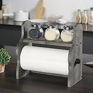 MyGift Wall Mounted Vintage Gray Solid Wood Paper Towel Holder and Spice Jars Storage Shelf with Industrial Black Metal Pipe Bar, Countertop Paper Towel Dispenser