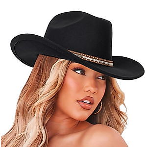 Classic-Western Felt-Cowboy-Hat for Men-Women Solid-Color Roll-Up-Brim Cowgirl-Hat with Rivets Rhinestones Decor Medium