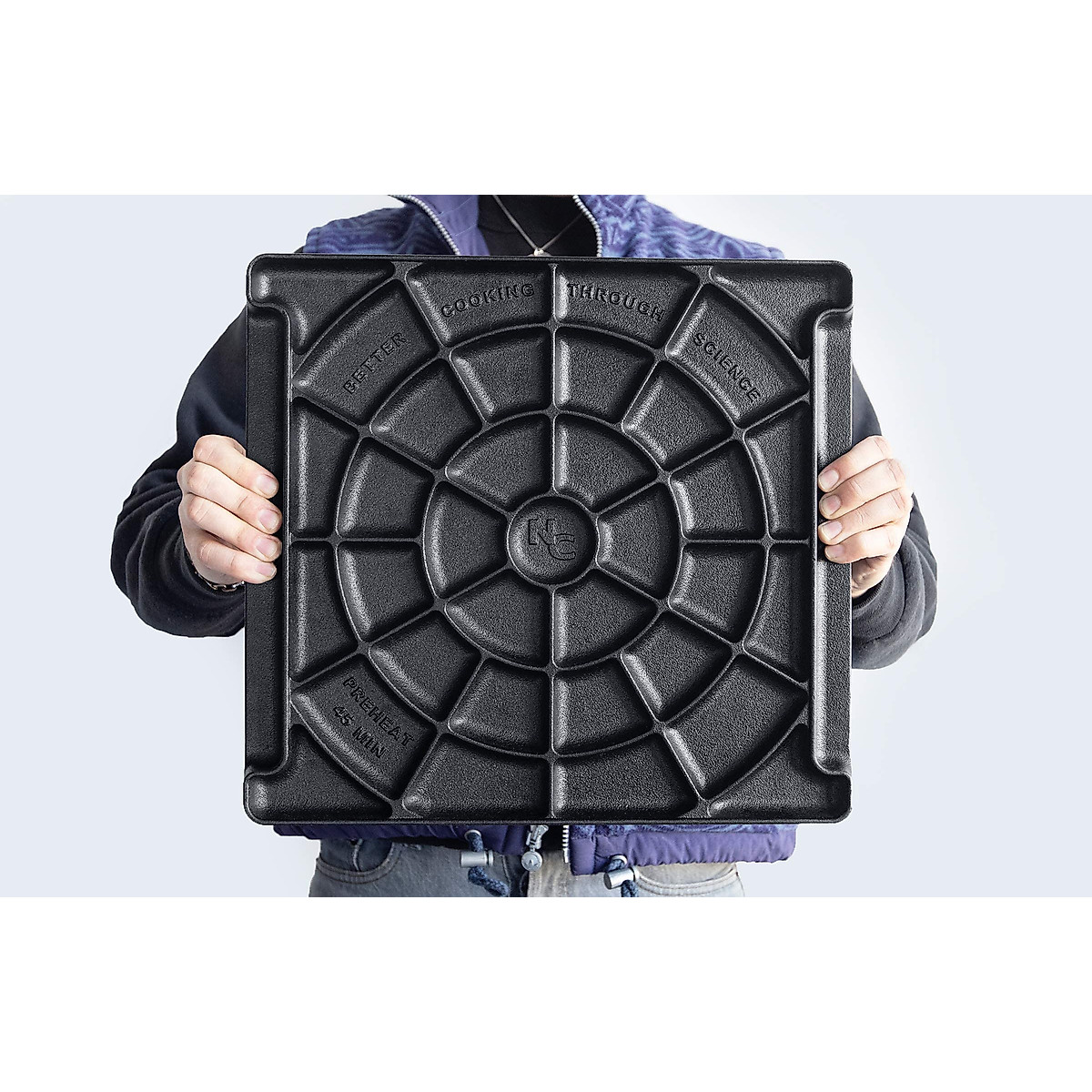 NerdChef Speed Steel - High Performance Pizza Baking Stone | Integrated Backstop & Handles | Heating Fins (13.5" x 14.5" x .90" Thick)