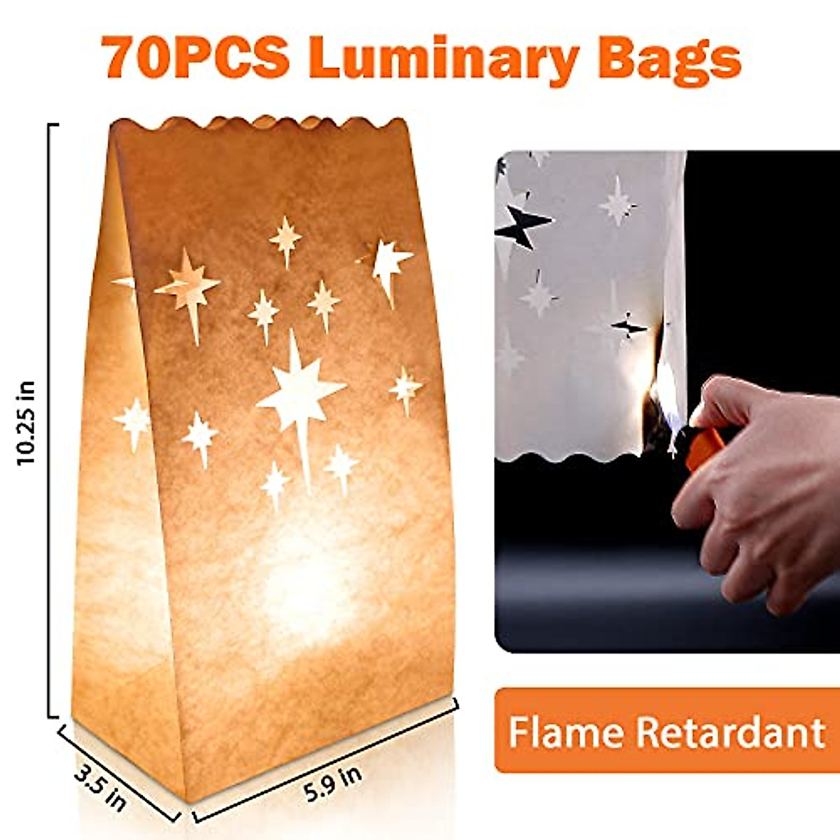 70PCS White Luminary Bags Fireworks Cutout Flame Resistant Halloween Candle Bags Paper Lantern Bags for Christmas Weddings Birthday Party Thanksgiving Decoration Use with Tealights