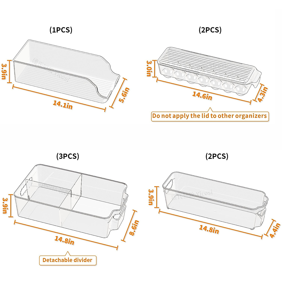 Cq acrylic Fridge Organizer,BPA-Free Clear Plastic Refrigerator Organizer Bins with Handle for Cabinet, Kitchen, Countertops, Cupboard, Freezer Organization, Set of 8, Large, 8PCS-Zuhe Box