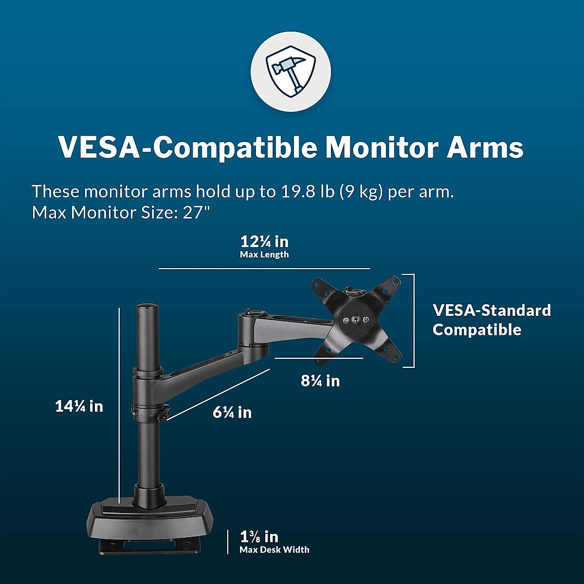 Vari Dual Monitor Arm 180 Degree - VESA Monitor Mount w/ 180 Degree Adjustment - Monitors up to 27 inches, 19.8 lbs - Double Monitor Arms for Compact Spaces - Computer Monitor Stand for Home or Office