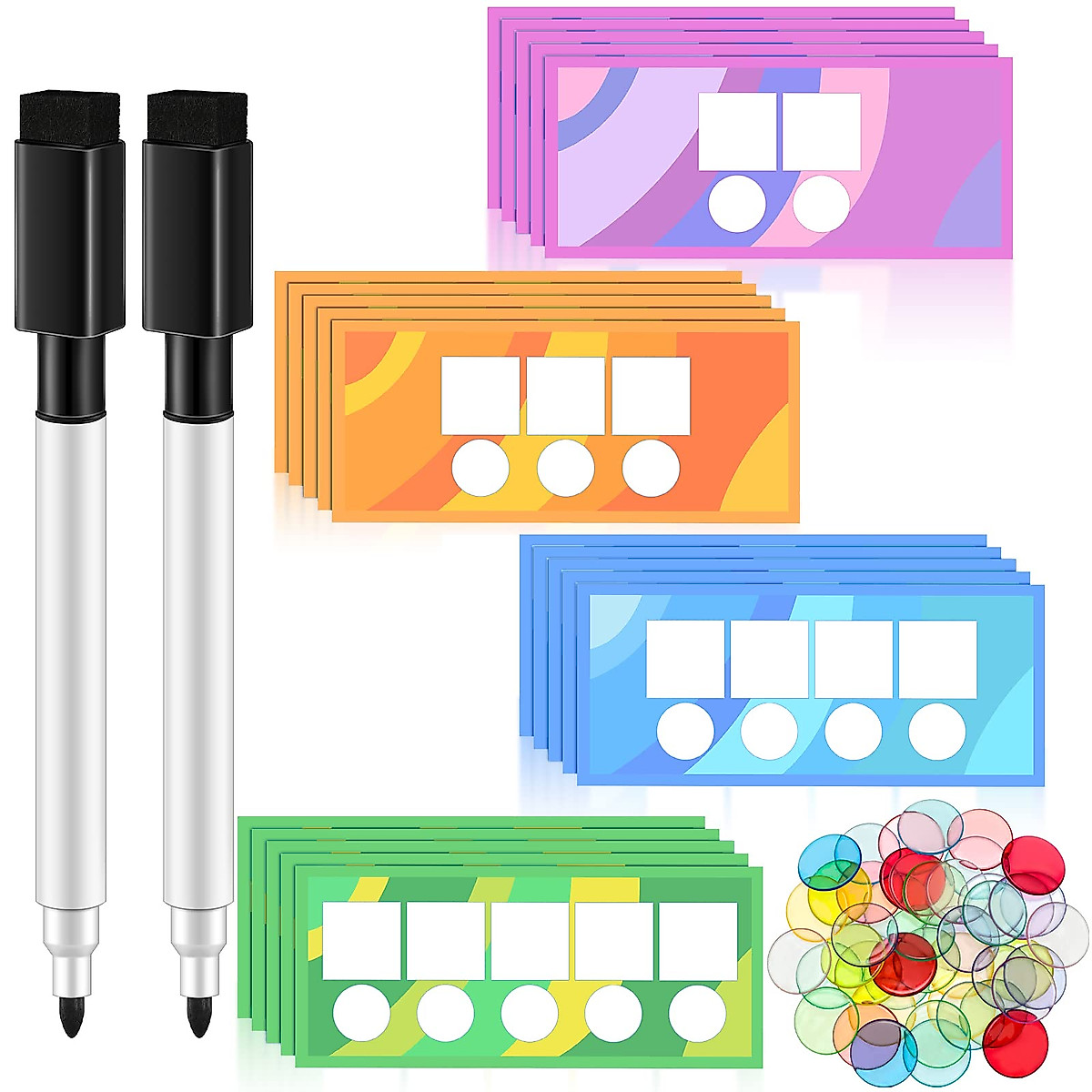 40 Pcs Sound Box Mats and Chips Cardboard Dry Erase Mats 100 Pcs 0.75 Inch Colorful Plastic Chips Phonemic Awareness Phonics Games Reading Games 2 Pcs Markers with Eraser Cap for School Office Home