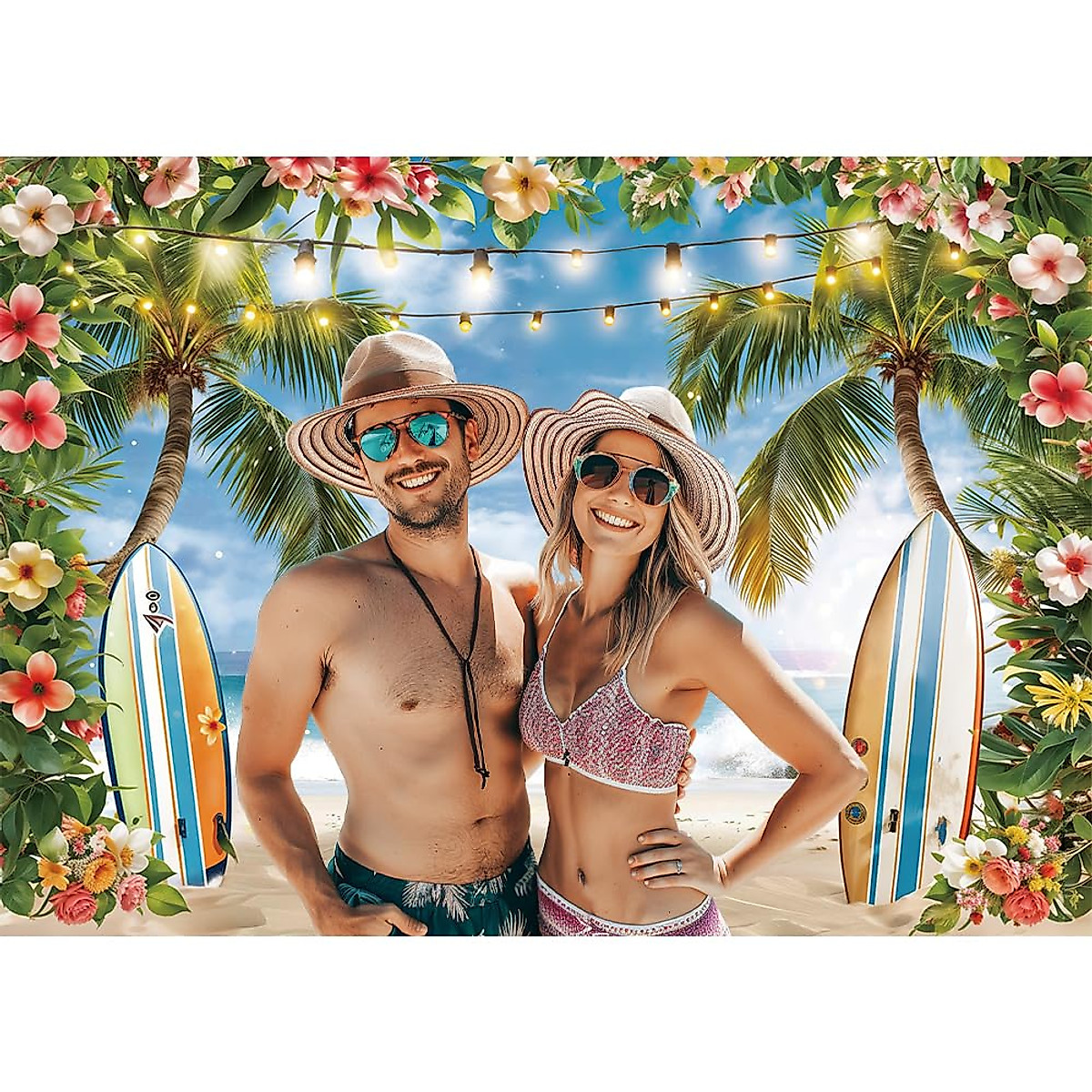 MEHOFOND 7x5ft Summer Hawaiian Beach Photography Background Tropical Luau Photo Backdrop Sky Ocean Palm Tree Surfboard Summer Holiday Sea Beach Party Supplies Aloha Birthday Photo Booth Props