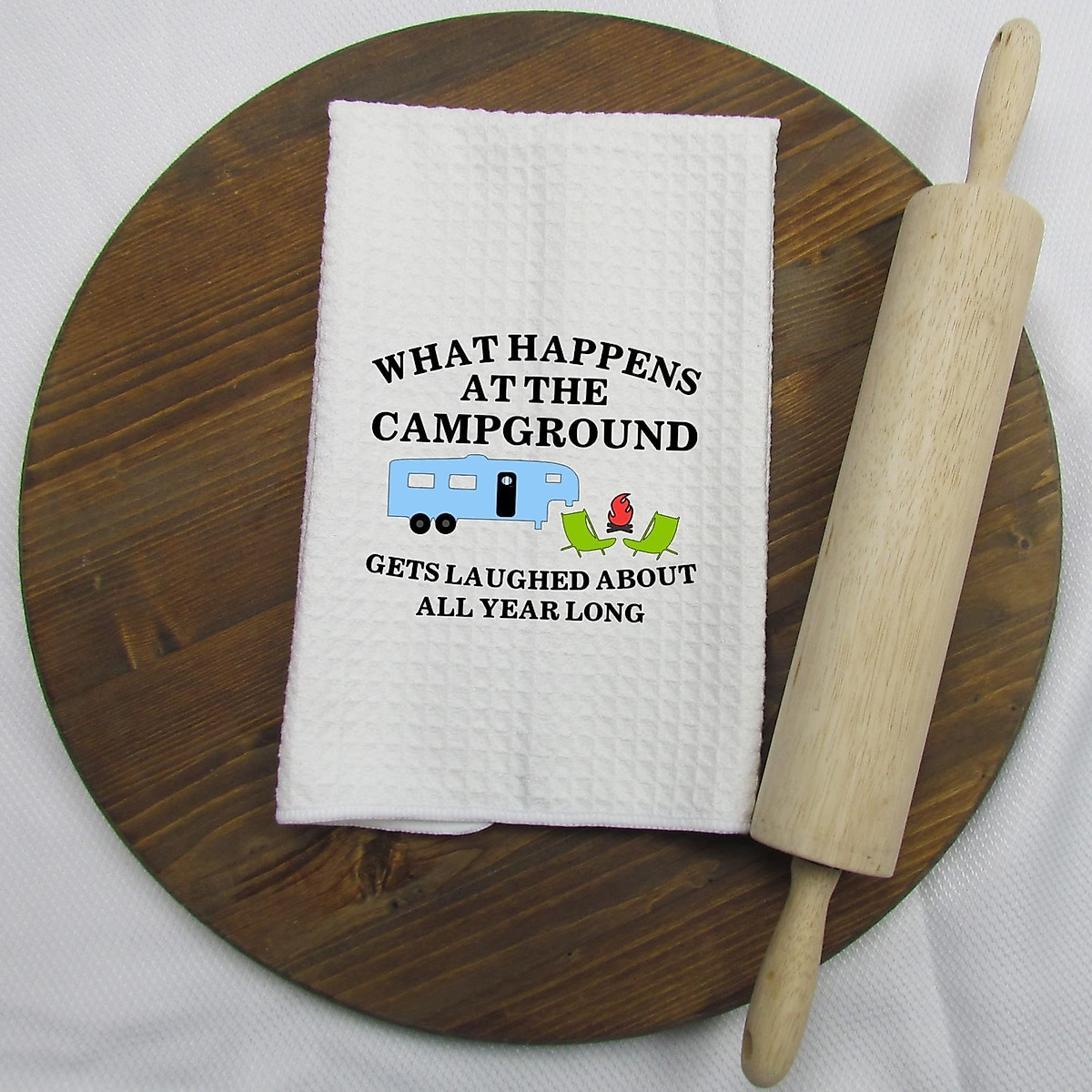 Tea Towel, Funny Dish Towel, Funny Kitchen Towel, Camping Towel, Outdoor Humor, Gift for Mom, Hand Towel, Camper Decor, Waffle Towel, What Happens At The Campground Gets Laughed At All Year Long