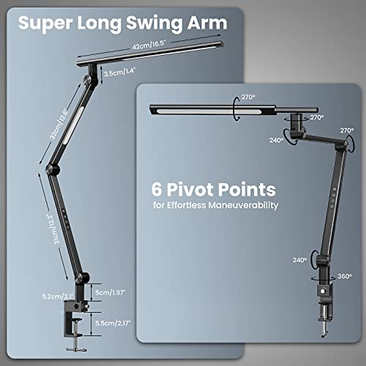 Arteasy LED Desk Lamp, Desk Light for Home Office, Dual Light Source 18W Brightest, Eye-Caring Optical Lens, Office Lamp, 5 Color Modes & Brightness, Aluminum Alloy Clip on Lamp, Clamp Lamp, Black