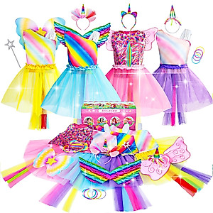 Jeowoqao Girls Princess Dress up Trunk Set 19 Pcs, Girls Rainbow Costume Set, Toddler Girls Dress up Clothes Pretend Play Costumes Set for Little Girl Ages 3 4 5 6