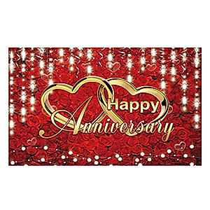 Funnytree Happy Wedding Anniversary Party Backdrop Banner Red Gold Flowers Roses Photo Booth Banner Supplies Photography Background Indoor Outdoor Decorations