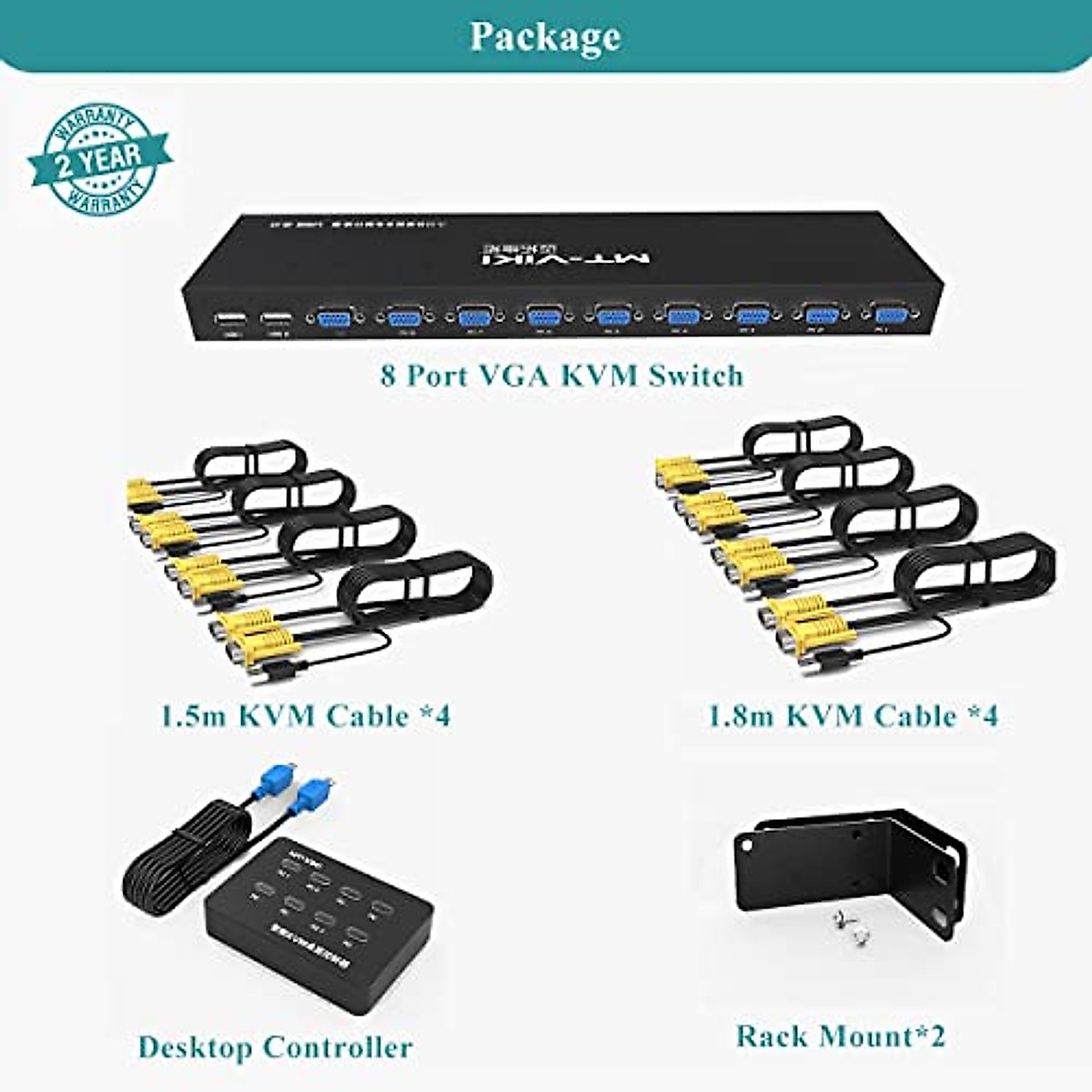 MT-VIKI KVM Switch 8 Port, 8X1 Rackmount KVM Switch VGA, Included 8 2-in-1 KVM Cables & Wire-Desktop Selector, Fit 1U 19'' Rack