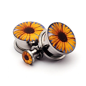 Mystic Metals Body Jewelry Screw on Plugs - Sunflower Picture Plugs - Sold As a Pair (6g (4mm))