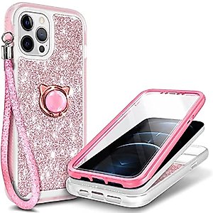 NGB Supremacy Compatible with iPhone 12/12 Pro Case, Full Body Protection with [Built-in Screen Protector] Ring Holder/Wrist Strap, Slim Fit Shockproof Bumper Durable Cover Case (Glitter Rose Gold)