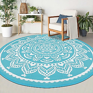 Bsmathom Round Outdoor Rug 6Ft for Patio Clearance, Reversible Outdoor Plastic Straw Camping Rug, Portable Washable Reversible Mats for Camping, RV, Picnic, Beach, Backyard, Pool Deck, Teal