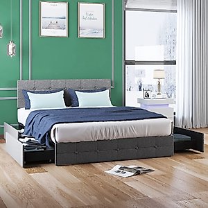 Mixoy Upholstered Platform Bed Frame with 4 Storage Drawers,Cal King Bed Frame with Square Button Tufted Adjustable Headboard, Wood Slat Support,No Box Spring Needed,No Mattress (Cal King,Dark Grey)