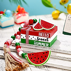 6 Pcs Watermelon Tiered Tray Decor Rustic Watermelon Summer Decor Farmhouse Watermelon Decor Summer Tiered Tray Decor Includes Wooden Bead Garland with Tassels Hello Sweet Summer Watermelon Book Stack