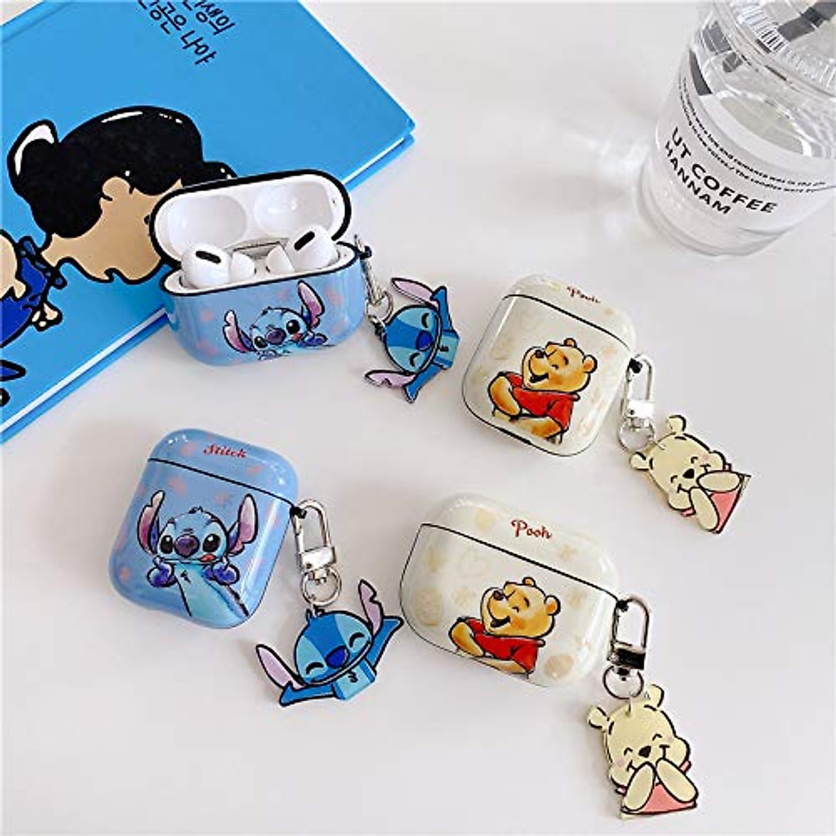 Soft TPU Case with Charm and Keychain for Apple AirPods 1 2 1st 2nd Generation Model Yellow Winnie The Pooh Bear Laugh Cute Lovely Adorable Kawaii Girls Kids Boys