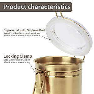 blueden Kitchen Canister 41 oz,Airtight Stainless Steel Kitchen Food Storage Container for Coffee Beans,Beans,Tea,Flour, Cereal,Sugar.Coffee Container with Airtight Clear Lid and Locking Clamp.Gold