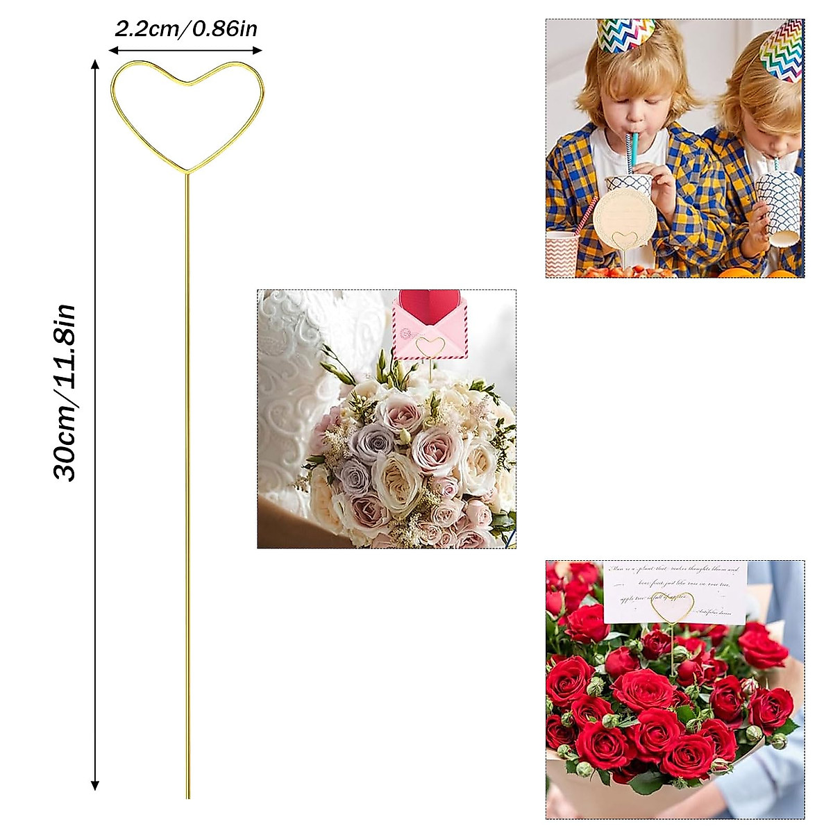 30 Pcs Floral Metal Place Card Holder Picks, Heart Loop Shape Flower Pick, Clips Picture Holders, Flower Gift Card Holder, Gold Heart Floral Picks Clip Floral Pick, for Photo Picture Memo Party