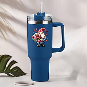 LB LEOBON 40 ounce insulated cup with handle, double-layer vacuum stainless steel material, equipped with straw, can keep warm or maintain cold drinks Gnome Love Bouquet J Cowboy Blue