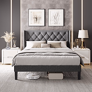 LINSY Full Size Bed Frame, Linen Upholstered Bed Frame with Headboard, Heavy Duty Platform Bed Full, NO Box Spring Needed, Noise-Free, Grey