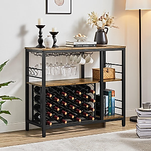 Yaheetech Wine Rack Table with Glass Holder, Industrial Wine Bar Cabinet with 25-Bottle Wine Storage and 6 Hooks, Coffee Bar Table Liquor Cabinet for Bar, Buffet, Living Room, Kitchen, Rustic Brown