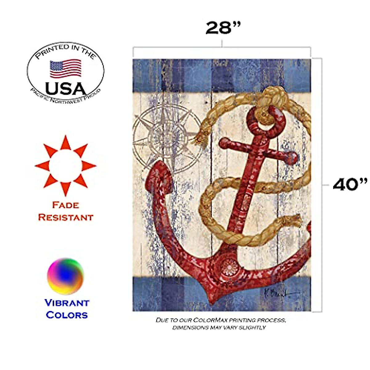 Toland Home Garden 1010001 Rustic Anchor And Compass Boat Flag 28x40 Inch Double Sided Boat Garden Flag for Outdoor House Ship Flag Yard Decoration