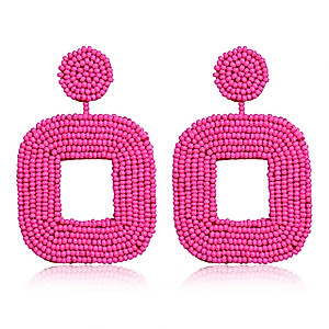 Boderier Beaded Drop Hot Pink Earrings Bohemian Wire Wrapped Beaded Square Hoop Dangle Statement Earrings (Hot Pink)