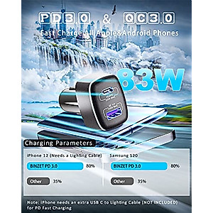 Car Charger USB C 83W, 65W Type C PD3.0 and 18W QC3.0 Dual Port Fast Car Charger Adapter for iPhone, Samsung Galaxy, iPad Pro, Pixel, MacBook, Surface Book 3 2 Laptop 4 3 Pro X 7(with 3A Cable)