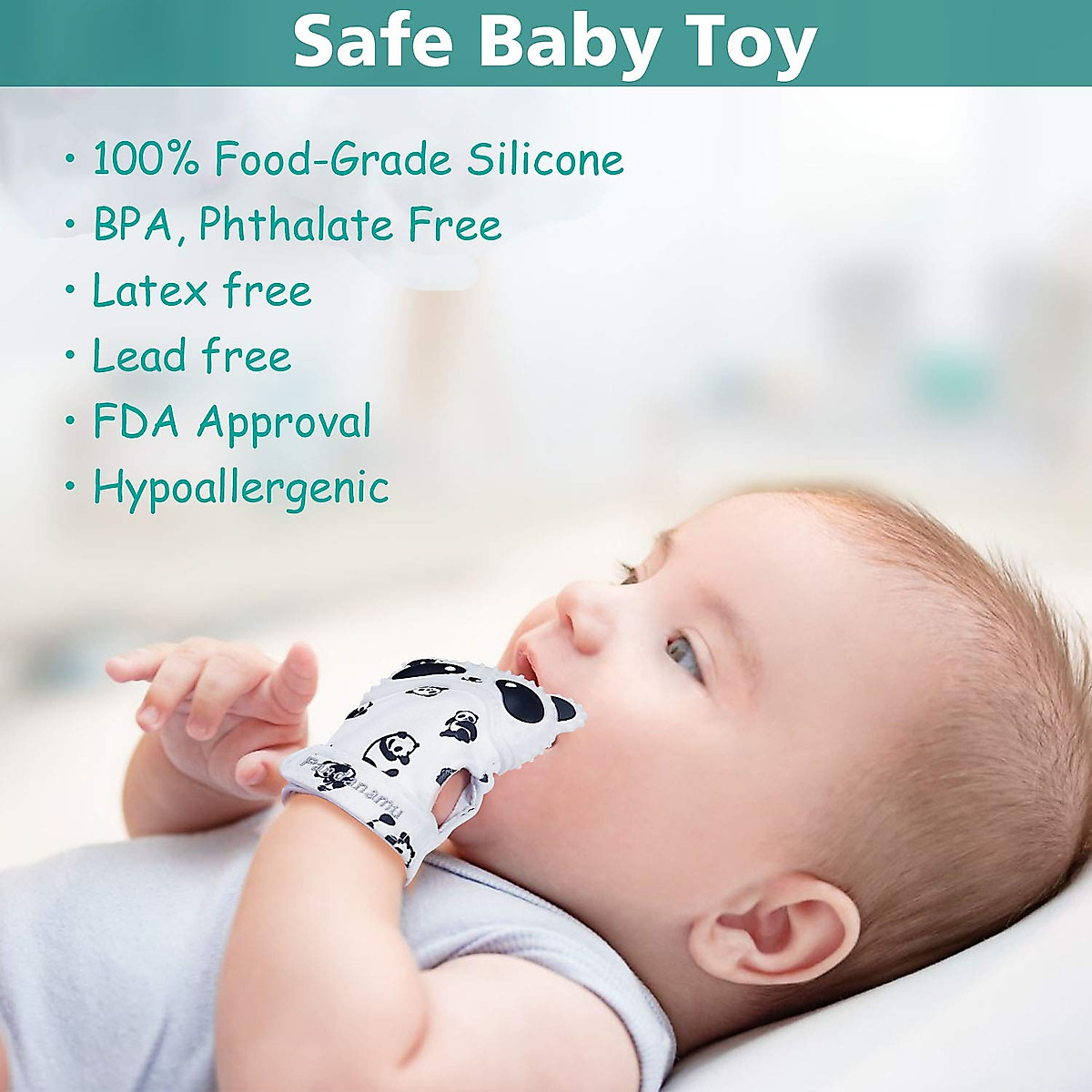 Baby Teething Mitten Panda Teether Mitten with Baby Toothbrush & Massager Teething Glove Mitt Infant Toy(2 Mittens with Toothbrush)