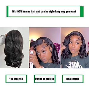 Douyin Bob Wig Human Hair 13x4 Frontal Lace Wig 14 Inch Body Wave 180% Density HD Lace Front Wigs Human Hair Pre Plucked Glueless Bob Wigs for Women Human Hair Wigs (14 inch, Natural Black)