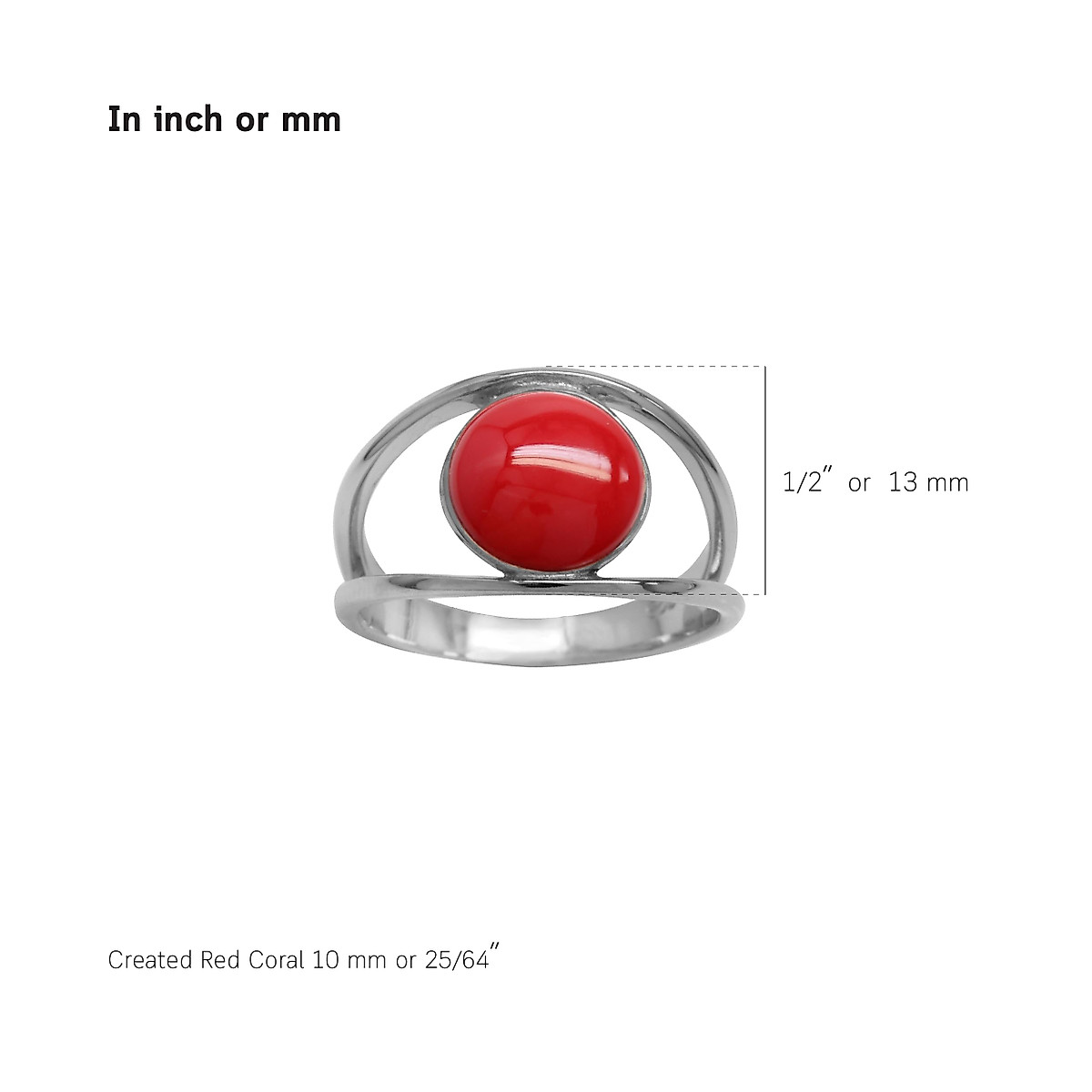 Silvershake Created Red Coral White Gold Plated 925 Sterling Silver Solitaire Ring Size 8.5