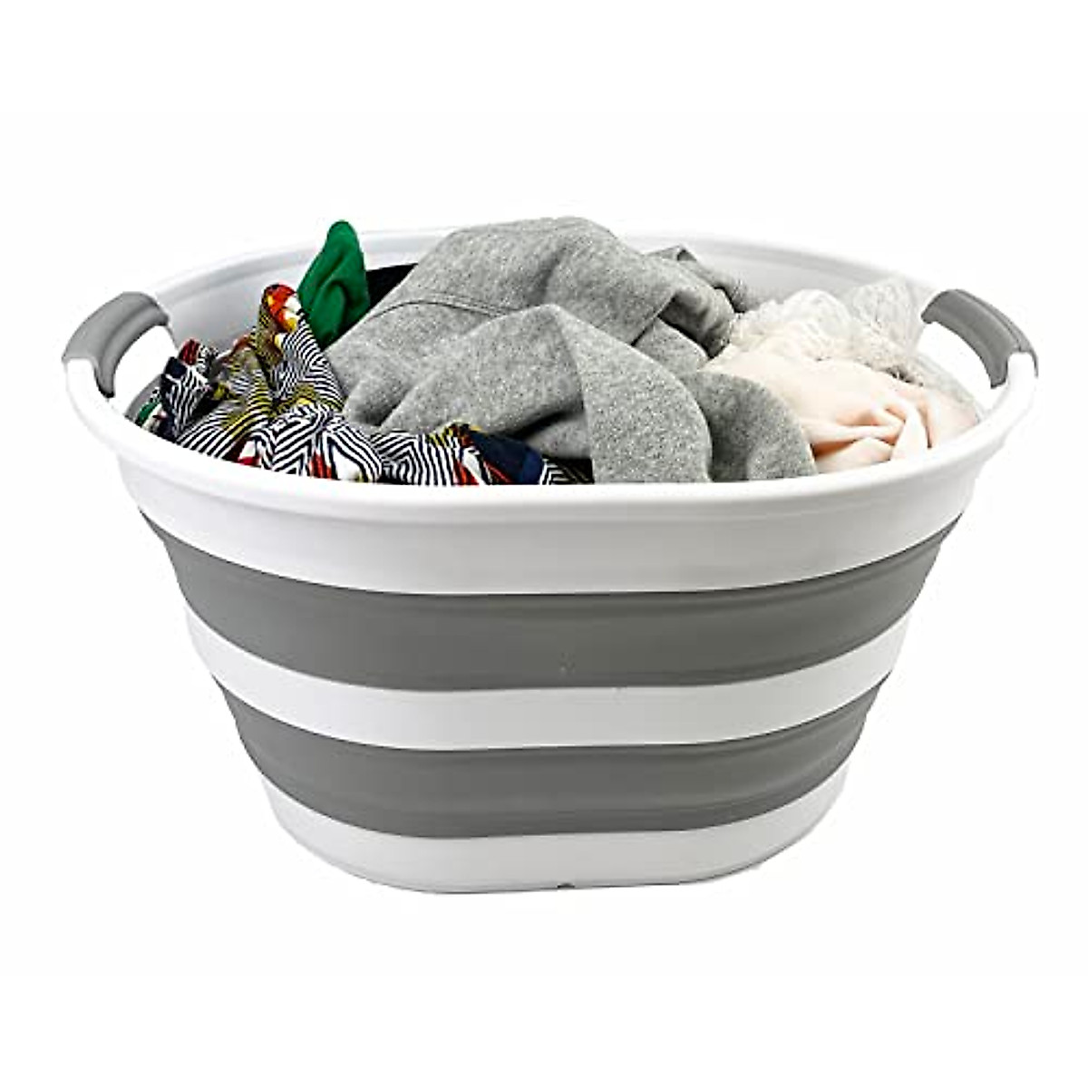 SAMMART 23L (6 Gallons) Set of 2 Collapsible Plastic Laundry Basket - Oval Tub - Foldable Storage Container/Organizer - Portable Washing Tub - Space Saving Laundry Hamper (White/Grey)