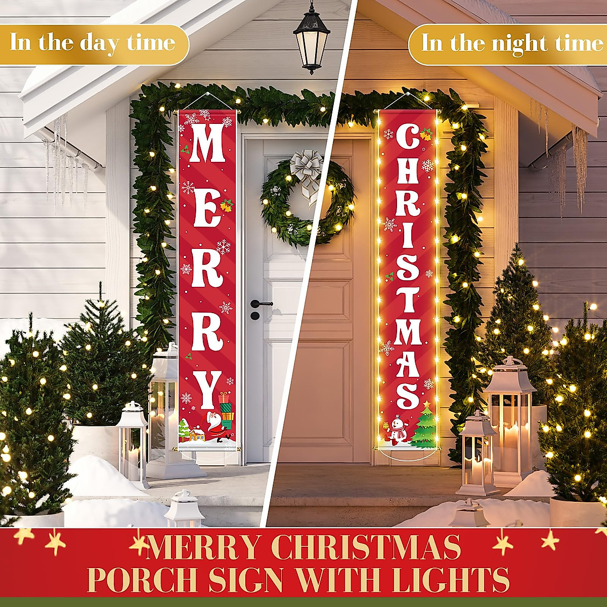 2 Pcs Christmas Hanging Porch Signs Banner with LED String Light Snowman and Santa Christmas Door Banner Xmas Banner for Indoor Outdoor Home Garage Wall Holiday Party Decorations (Snowflake)