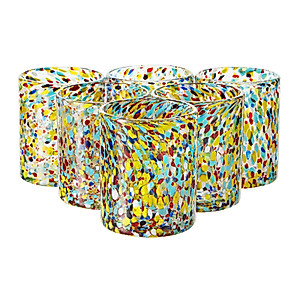 Okuna Outpost 10 oz Hand Blown Mexican Drinking Glasses, Full Confetti Tumbler Cups (Set of 6)