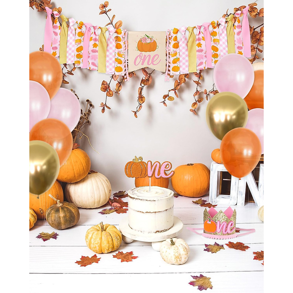 Little Pumpkin First Birthday Decorations Fall High Chair Banner with Glitter Pumpkin Cake Topper One Crown Hat and Balloons for Baby Girls Cake Smash Photo Prop Backdrop Supplies