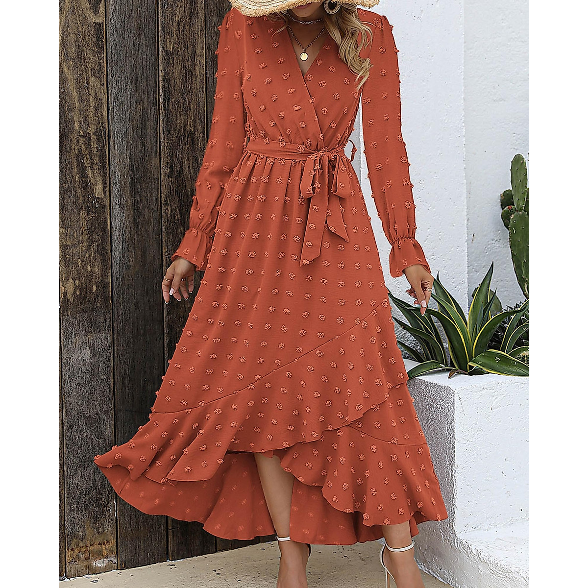 BTFBM Women's Boho Cocktail Maxi Dress 2024 Fall Fashion V Neck Swiss Dot Long Sleeve Flowy Slit Wedding Party Dresses(Swiss Dot Orange, Large)