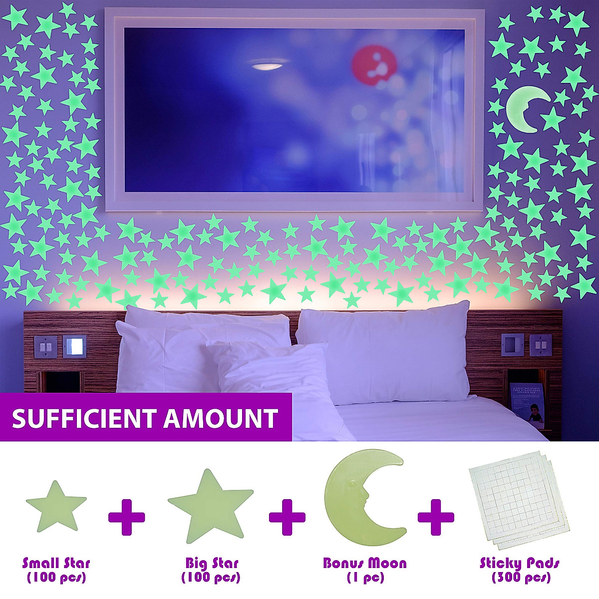 201 Pcs Ultra Glow in The Dark Stars with Bonus Large Moon Stickers Set Luminous Different Sizes Fluorescent Stars Ceiling Decor for Kids Bedroom Birthday Party