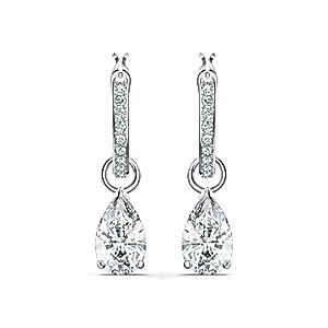 Swarovski Stilla Attract Mini Hoop Pierced Earrings with Pear Shaped Clear Cut Crystal and Matching Pavé on a Rhodium Finished Setting with a Hinge Closure
