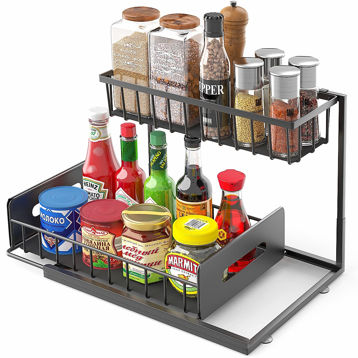 Tochek Under Sink Organizers and Storage, 2 Tier L-shaped Sliding Bathroom Organizer and Storage, Multi-purpose Pull Out Under Sink Organizer for Kitchen Bathroom, Black